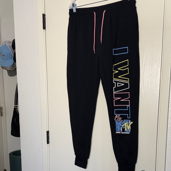 MTV | Pants & Jumpsuits | Mtv Black Joggers With Multicolor Logo | Poshmark